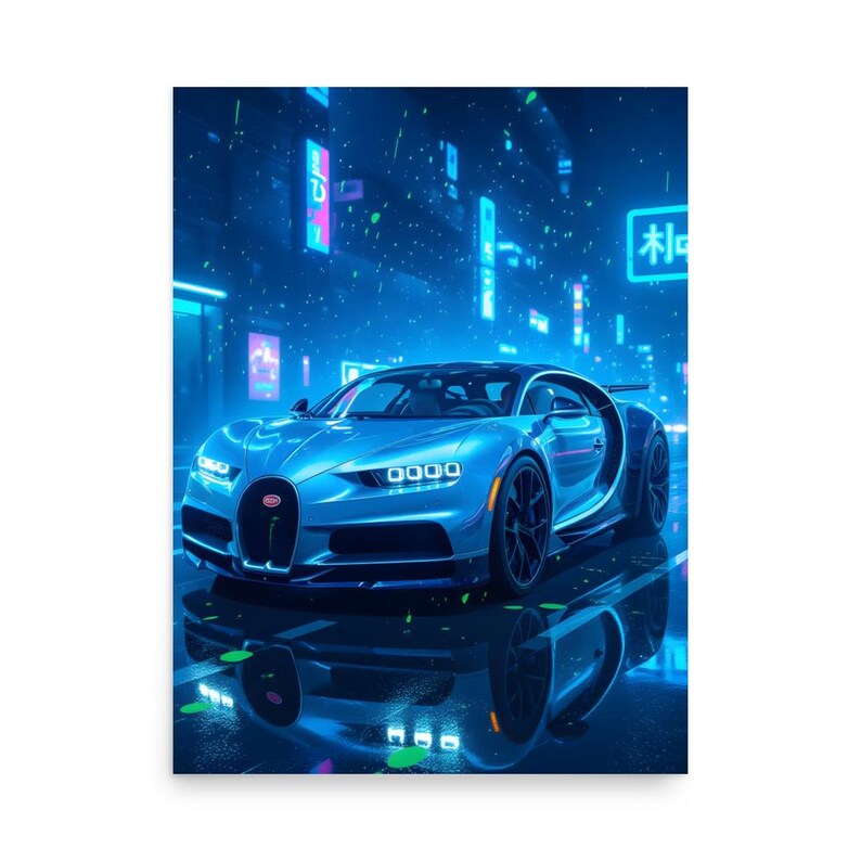 Neon Hypercar Night Front View Matte Poster - Cyberpunk Art Print ...