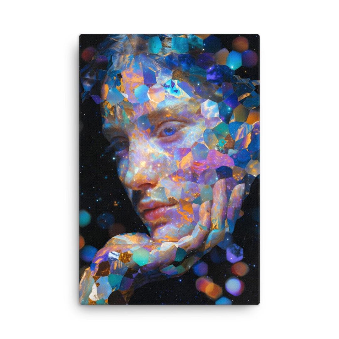 Opal Crystal Woman Portrait – Iridescent Gemstone Face Canvas Wall Art ...