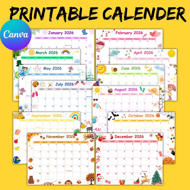 Editable 2026 Monthly Calendar | Cute Printable Kids Planner ...