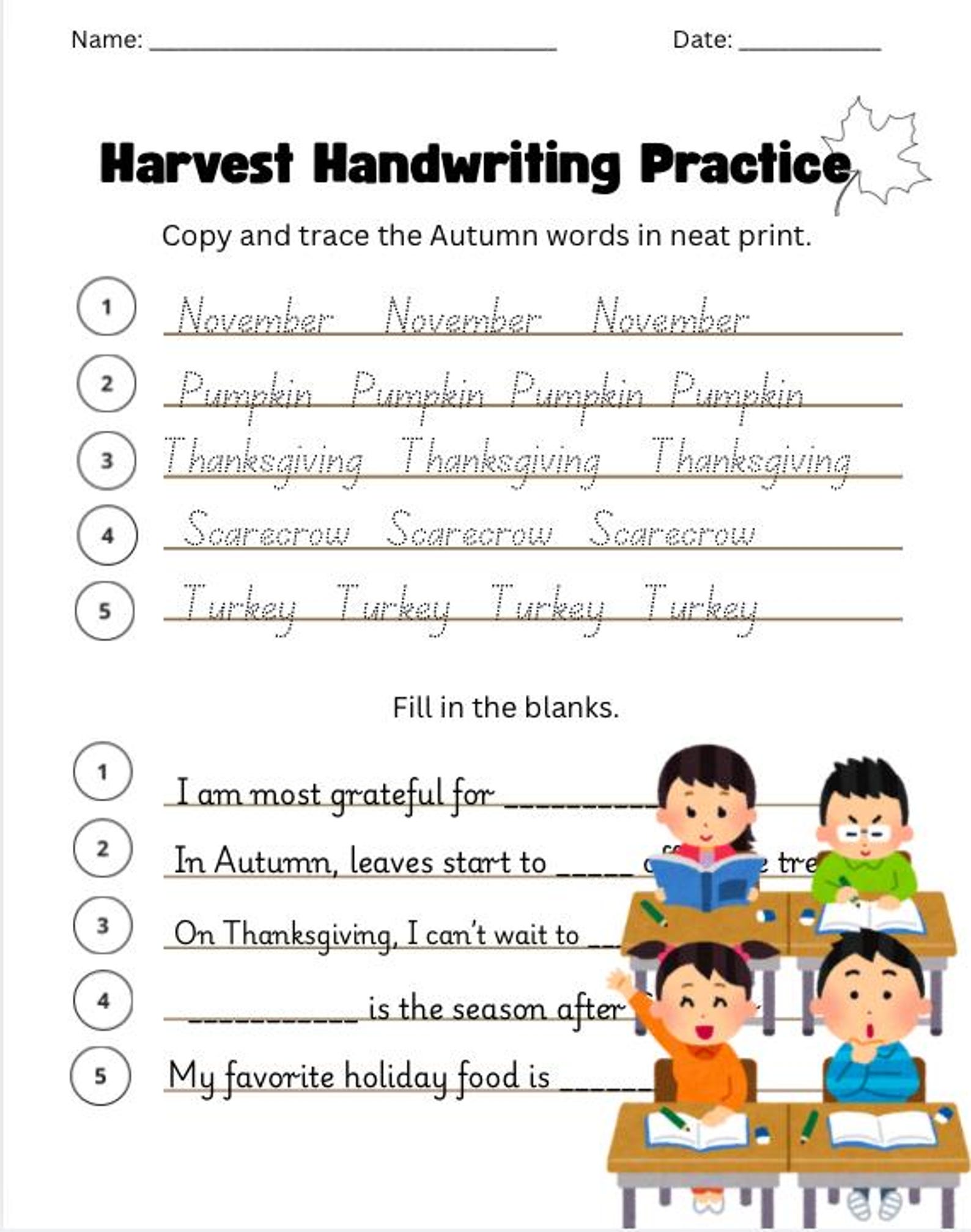Second Grade Thanksgiving Handwriting Practice Worksheet, Fall Season ...