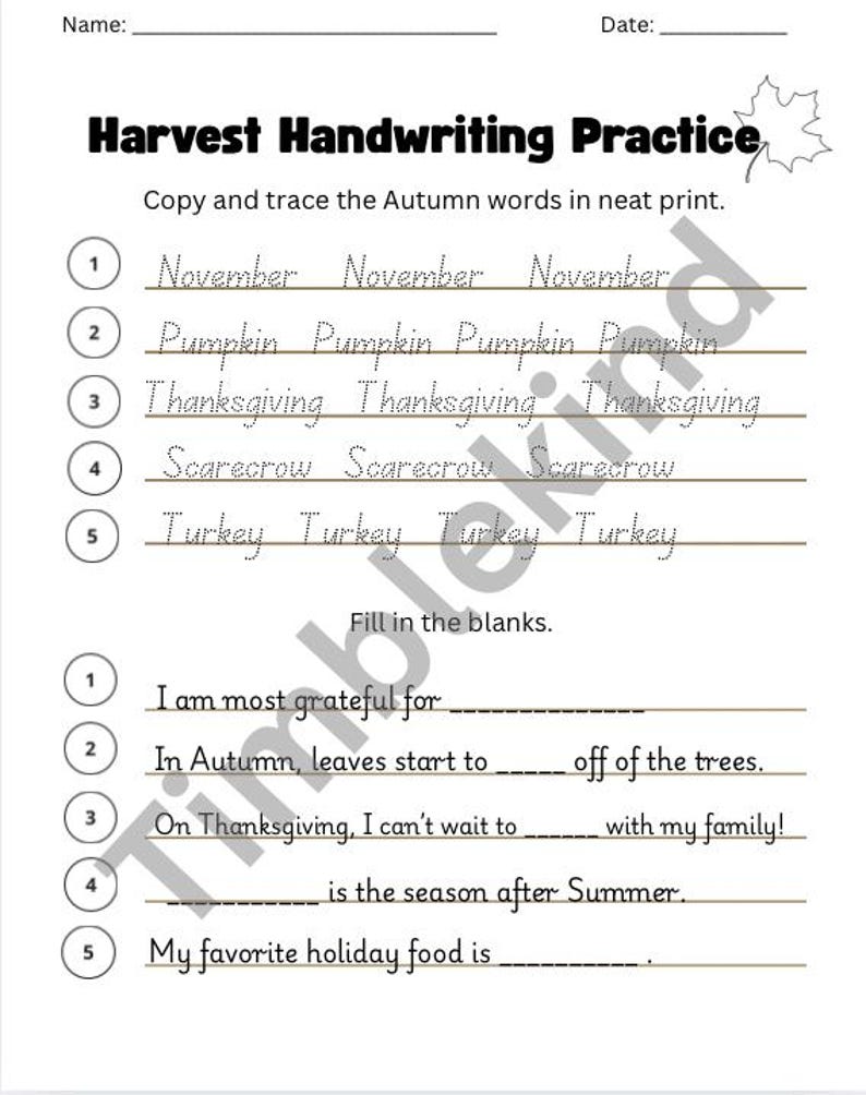 Second Grade Thanksgiving Handwriting Practice Worksheet, Fall Season ...
