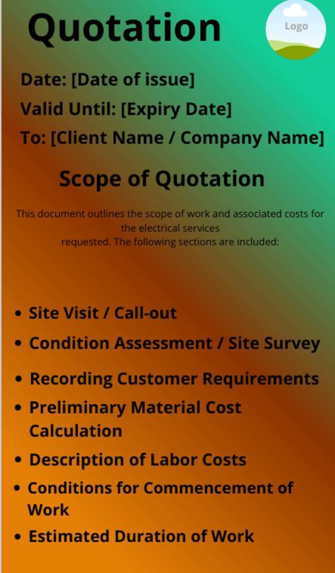 Editable Quotation Template for Electricians | Professional Price Quote ...