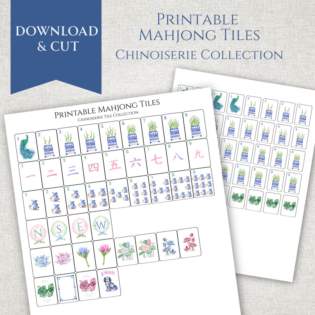 Printable Mahjong Tiles Watercolor Chinoiserie Mahjong Tiles Printable ...