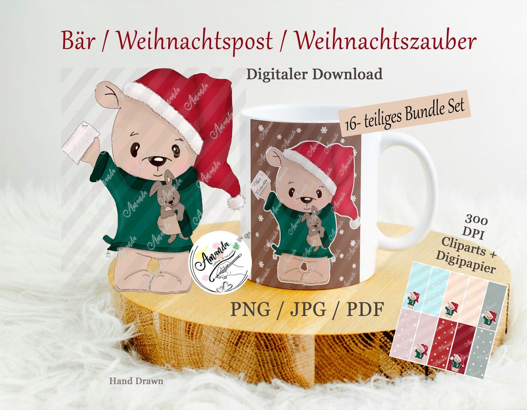Cute Christmas Bear Clipart Set | 16-piece Digi Stamp Bundle | Png Jpg ...