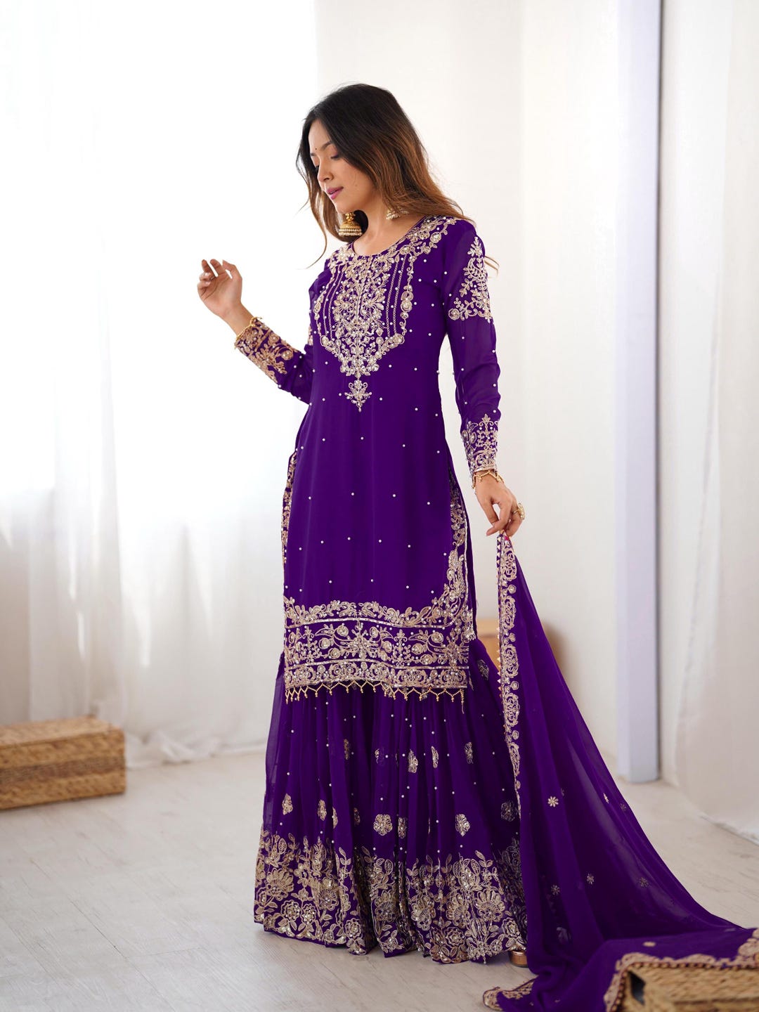 Purple Embroidered Sharara Suit | Faux Georgette Indian Party Wear Set ...