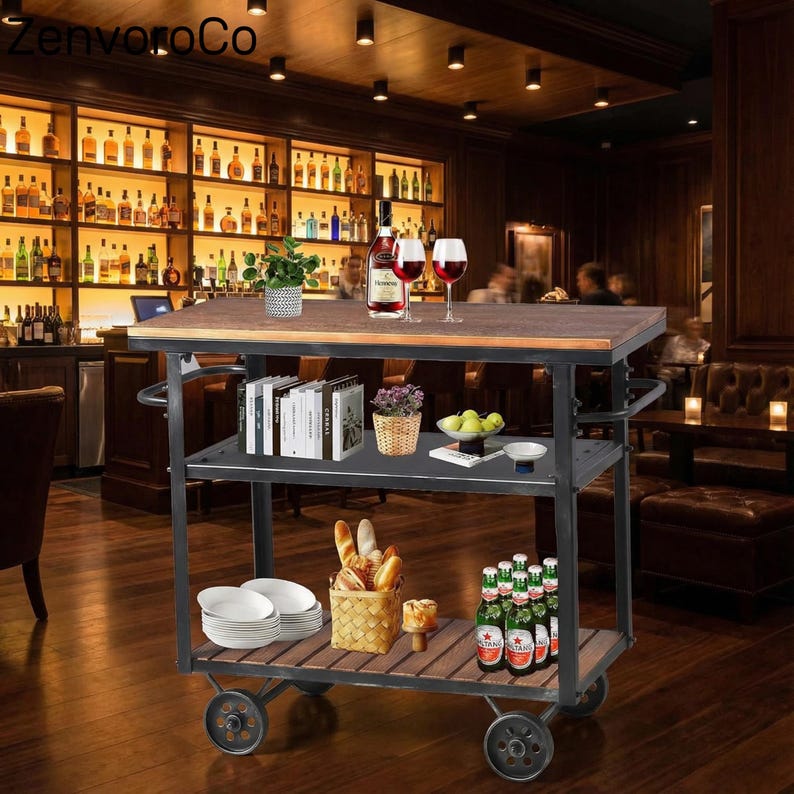 Tiered Industrial Rolling Bar Cart, Metal Wine Rack, Wood Shelf - Etsy