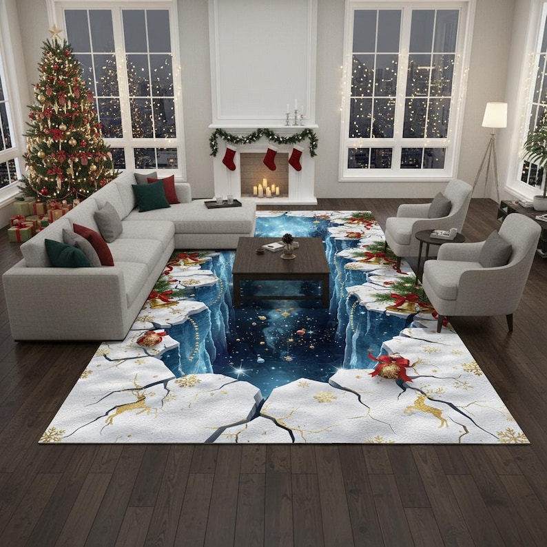 3D Christmas Rug – Cracked Ice Abyss, Winter Wonderland Decor - Etsy