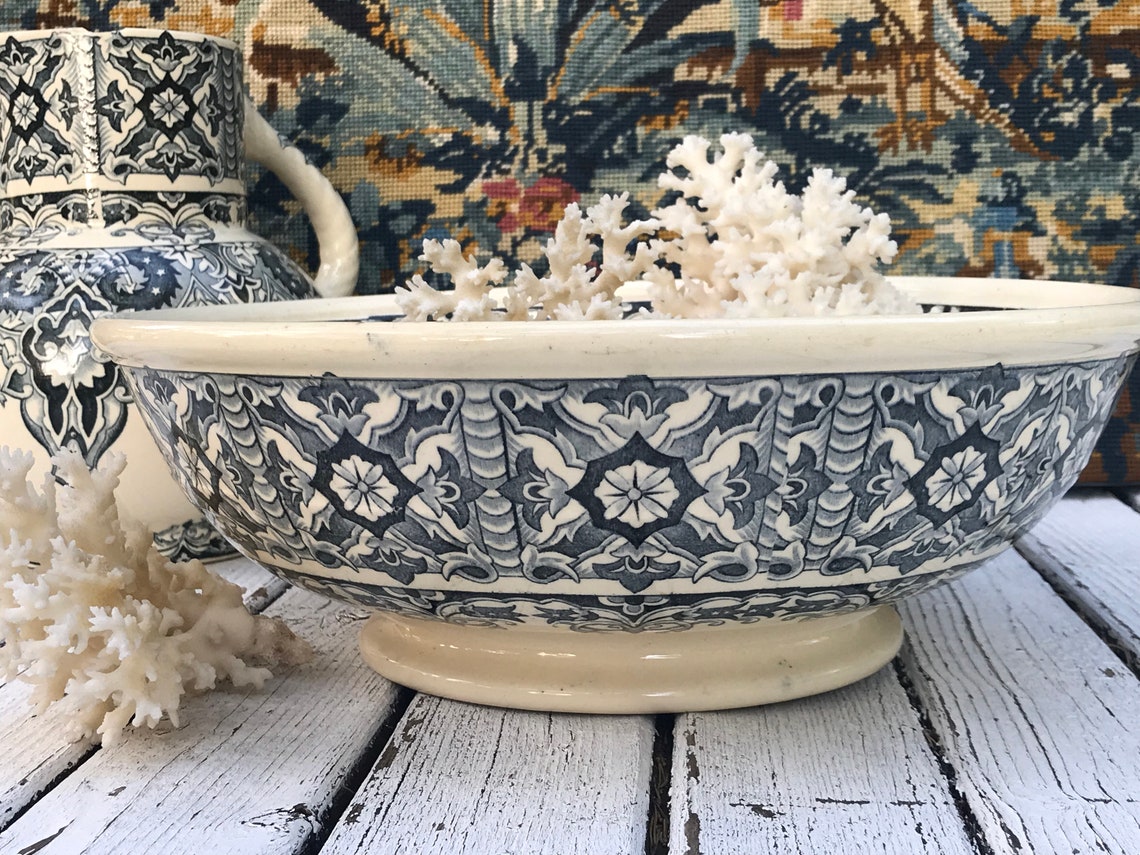 Vintage French ironstone transferware pitcher bowl set blue | Etsy