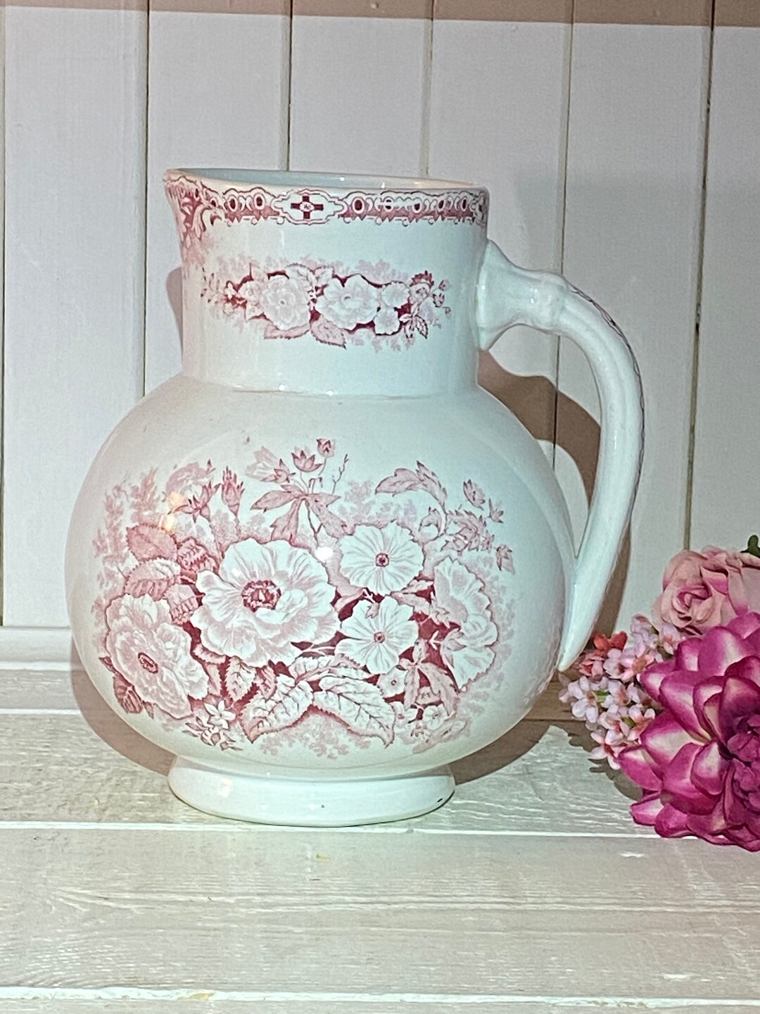 Lovely Vintage French Ironstone Red Floral Pitcher - Etsy