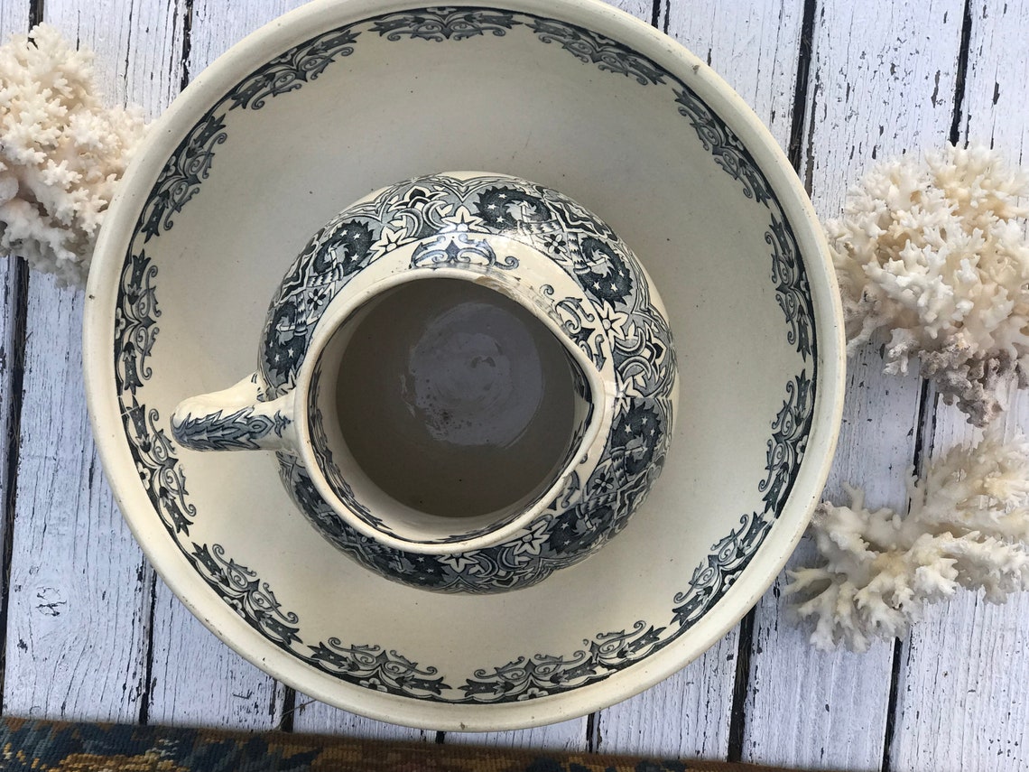 Vintage French ironstone transferware pitcher bowl set blue | Etsy