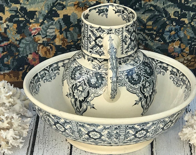 Vintage French Ironstone Transferware Pitcher Bowl Set Blue - Etsy