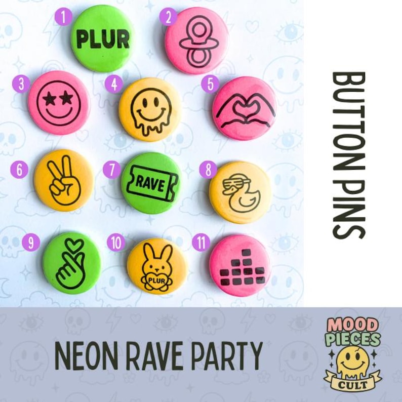 Neon Rave Button Pins | PLUR Pin Pack for EDM Lovers | Festival Raver ...