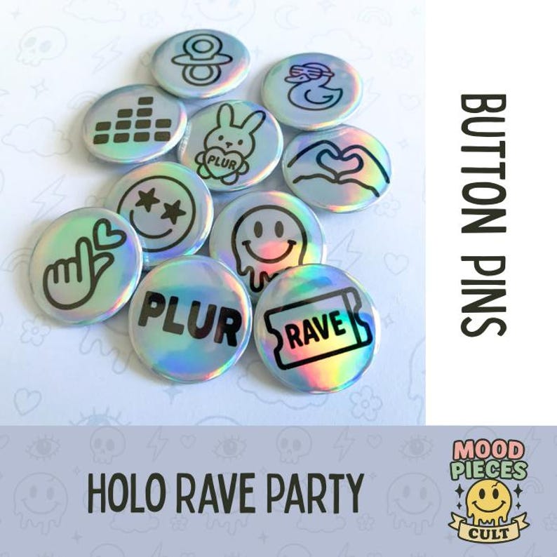 Holographic Rave Button Pins | PLUR Pin Pack for EDM Lovers | Festival ...