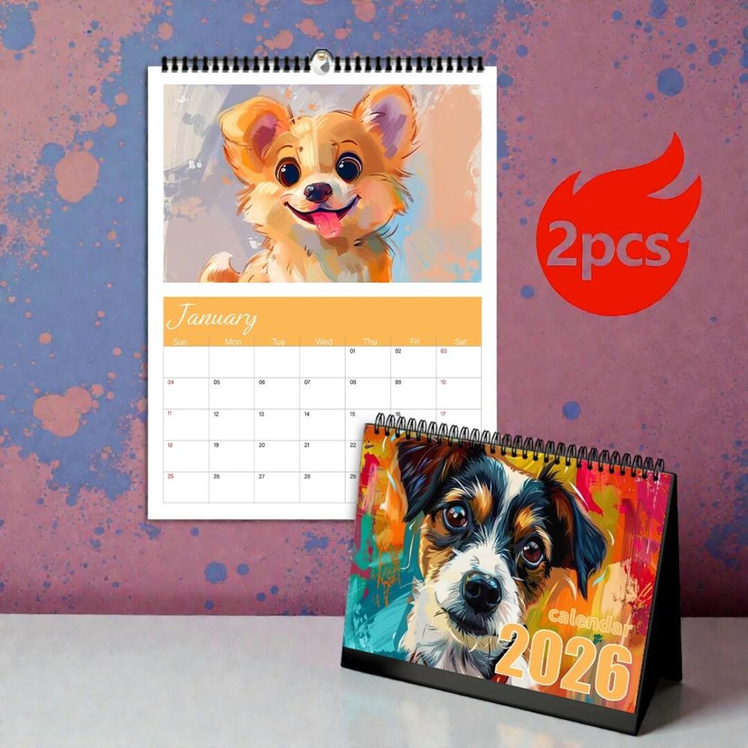 2026 Calendar, Graffiti Abstract Dog Theme Calendar Set - 2 Pcs, Desk ...