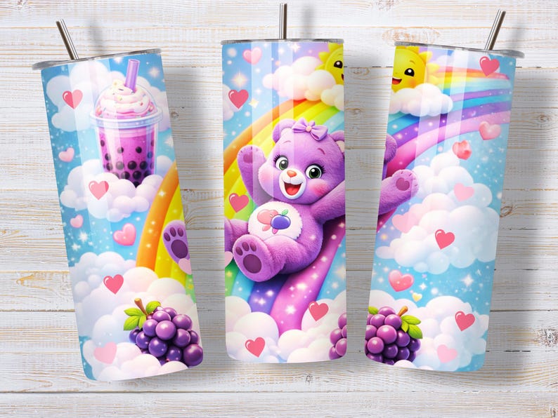 Cartoon Bear Tumbler Wrap Png, Kawaii Rainbow Bear Cup Design, 20oz ...