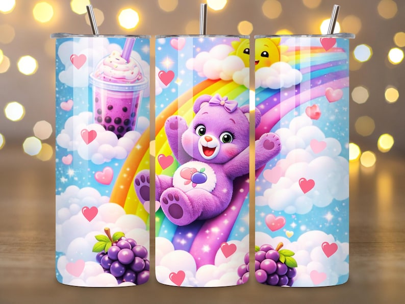 Cartoon Bear Tumbler Wrap Png, Kawaii Rainbow Bear Cup Design, 20oz ...
