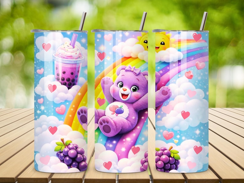 Cartoon Bear Tumbler Wrap Png, Kawaii Rainbow Bear Cup Design, 20oz ...