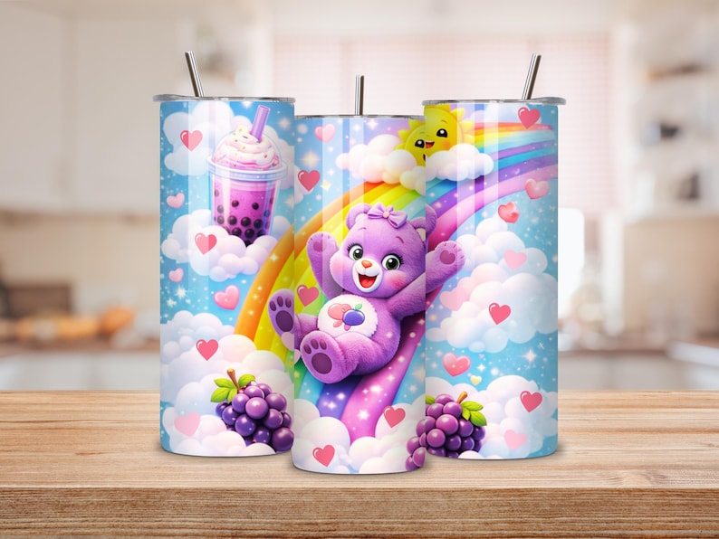 Cartoon Bear Tumbler Wrap Png, Kawaii Rainbow Bear Cup Design, 20oz ...