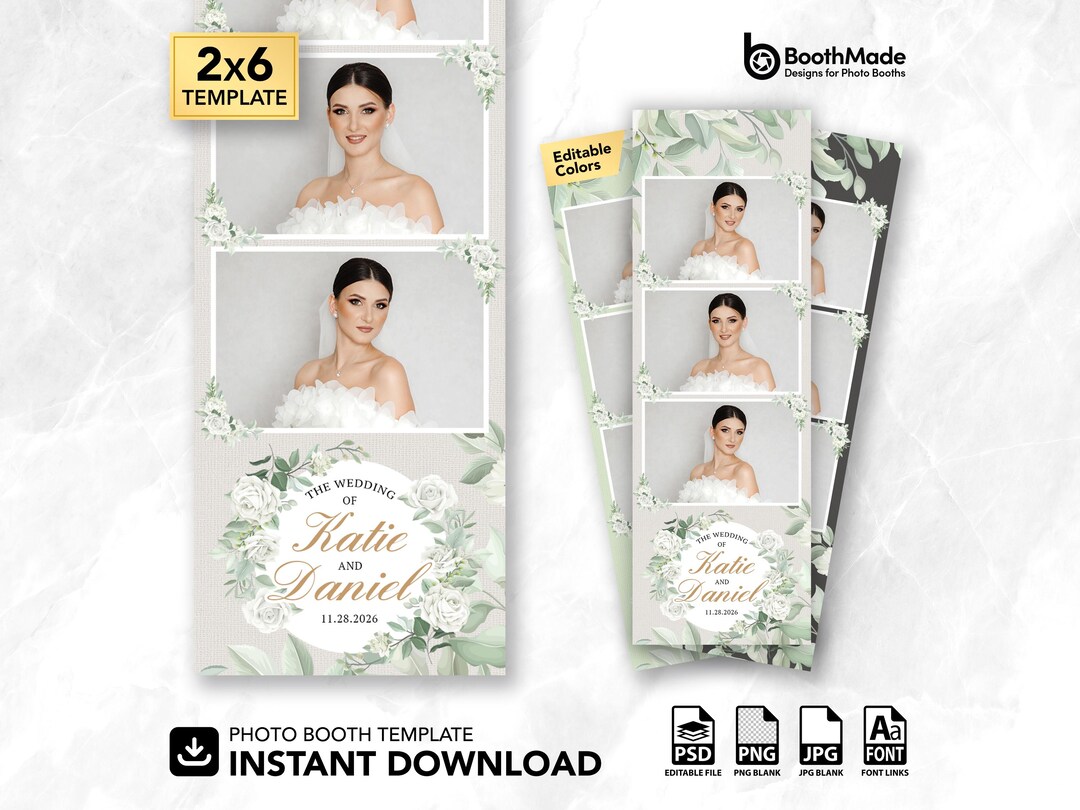 White Roses & Greenery Wedding Photo Booth Template | 2x6 Strip | PSD ...