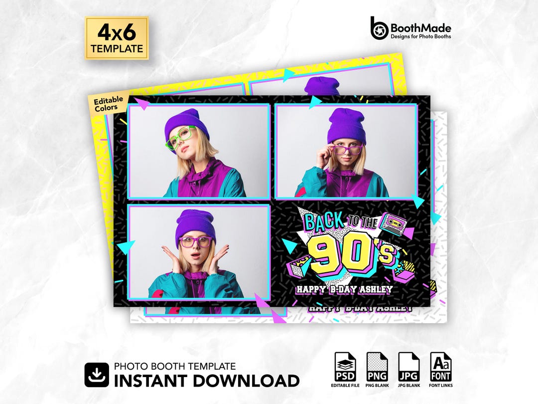 90s Pop Retro Photo Booth Template | 4x6 Horizontal | PSD + PNG Overlay ...