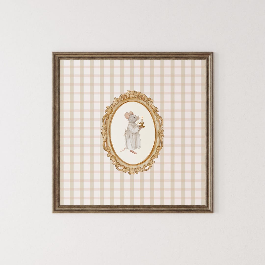 Mouse Storybook Print, Vintage Nursery Wall Art, Gingham Neutral Poster ...