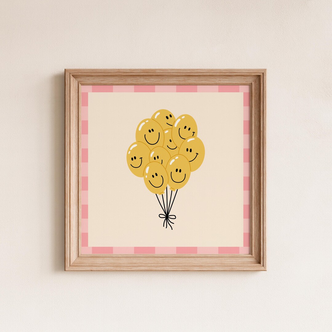 Happy Balloons Wall Art, Colorful Nursery Print, Pink Gingham Kids Room ...