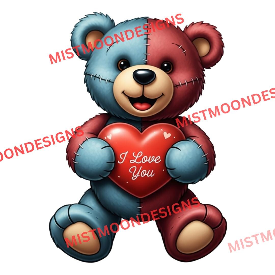 I Love You Teddy Bear PNG | Split Blue & Red Bear Heart Clipart ...
