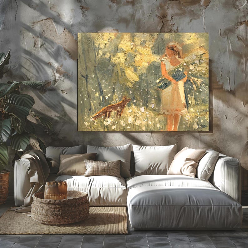 Wildflower Field Wall Art With Girl and Fox, Botanical Landscape Floral ...