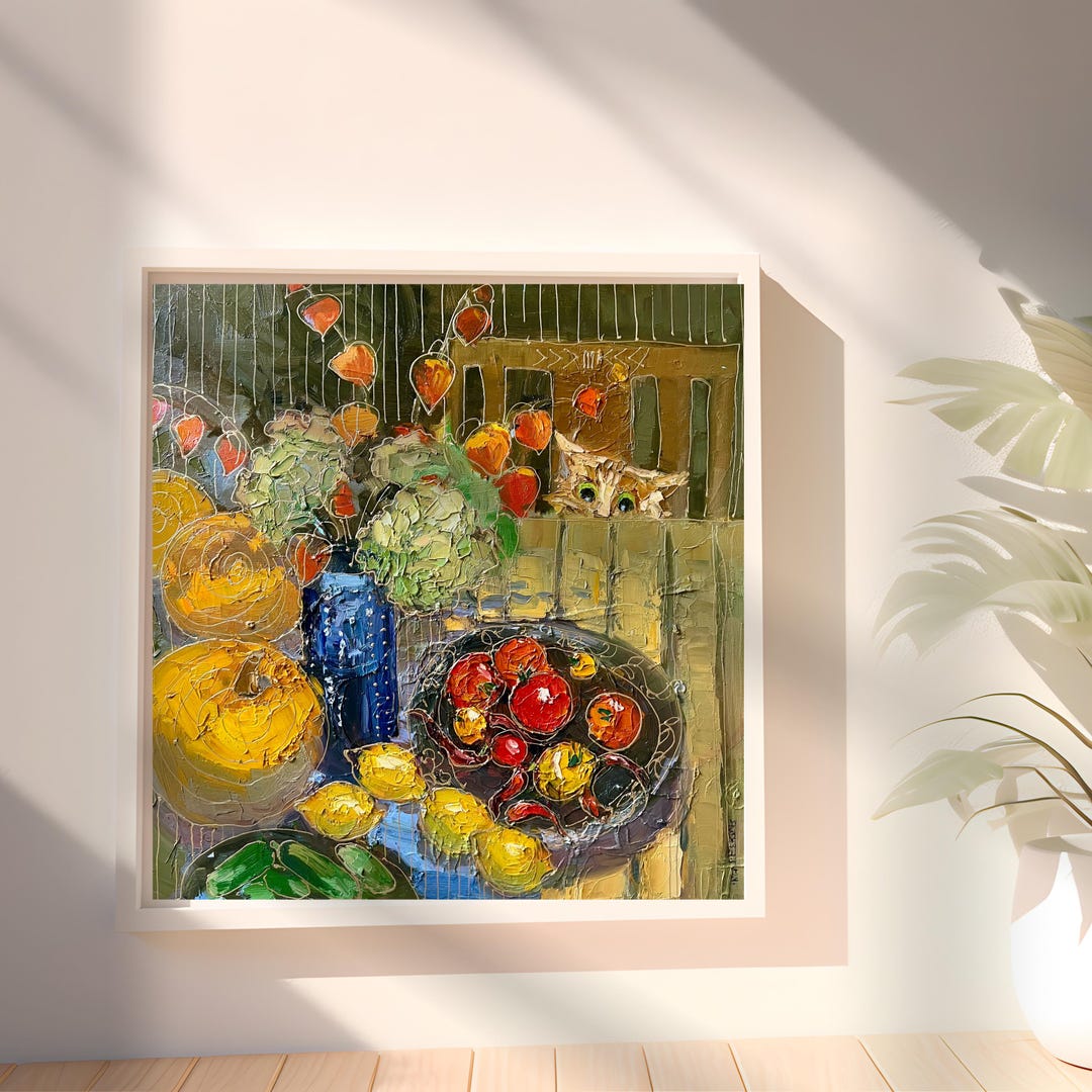 Fanny Cat Painting, Still Life Oil Art, Original Autumn Pumpkins Cat ...