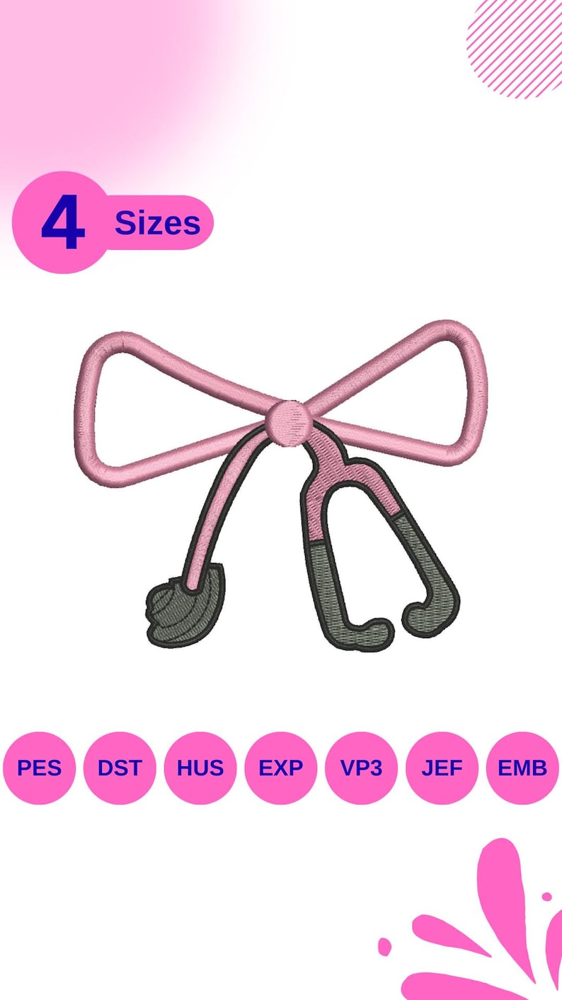Stethoscope Bow Embroidery Design, Nurse Medical Pattern (digital ...
