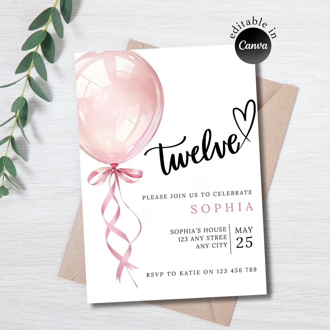 12th Birthday Invitation Girl | Pink Balloon Invite | 5x7 Editable ...