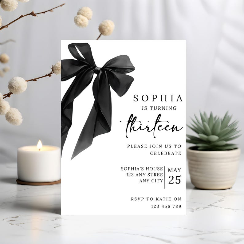 13th Birthday Invitation | Black Bow Theme Birthday Invite | Editable ...