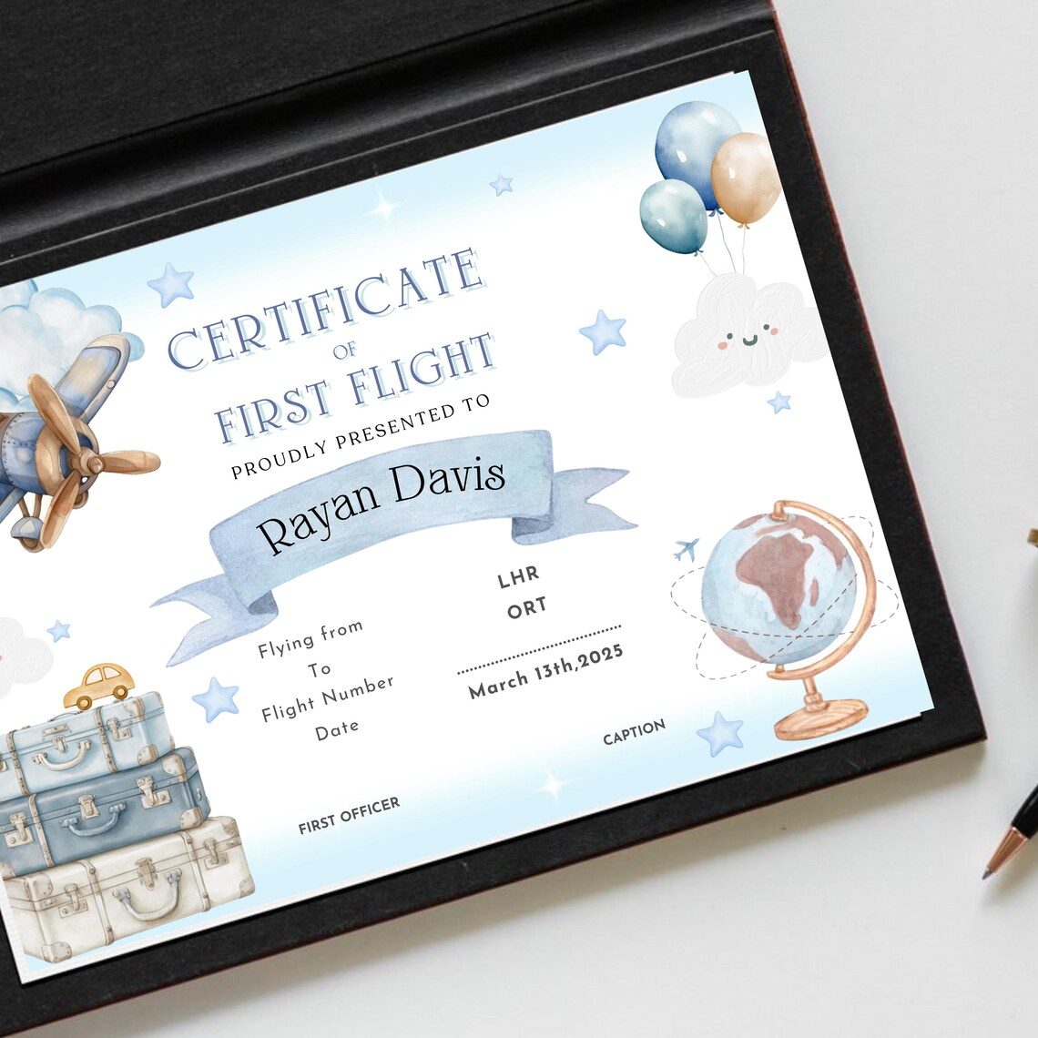First Flight Certificate | A4 Landscape Canva Template | Blue Airplane ...