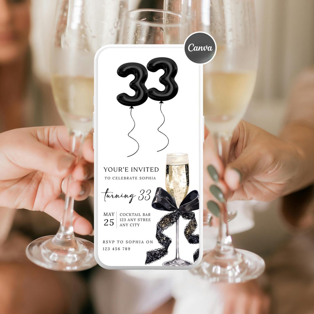 Editable 33rd Birthday Party Invitation | Black Bow, Foil Balloons and ...