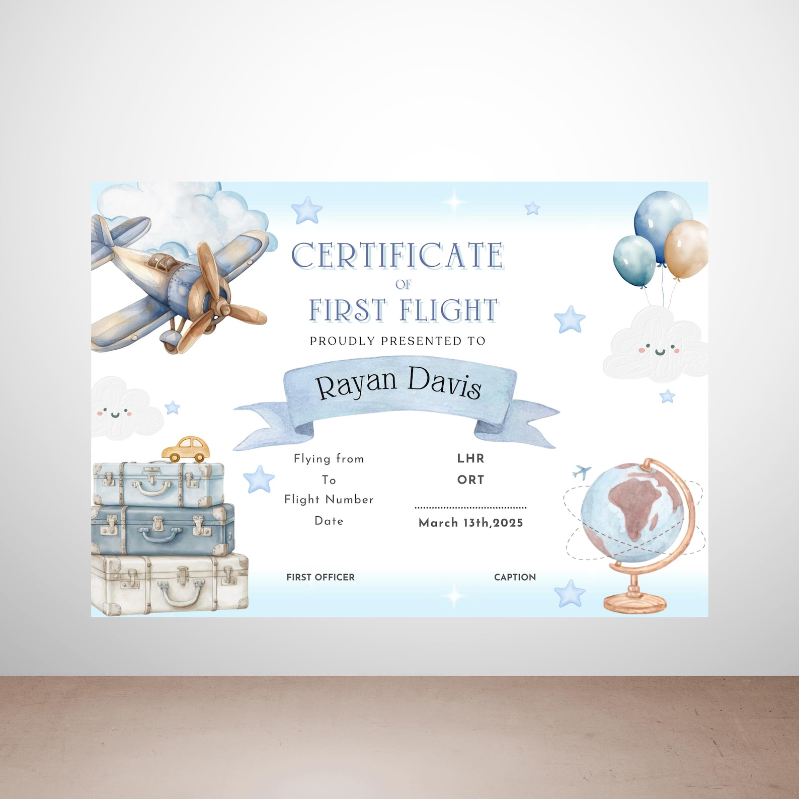 First Flight Certificate | A4 Landscape Canva Template | Blue Airplane ...