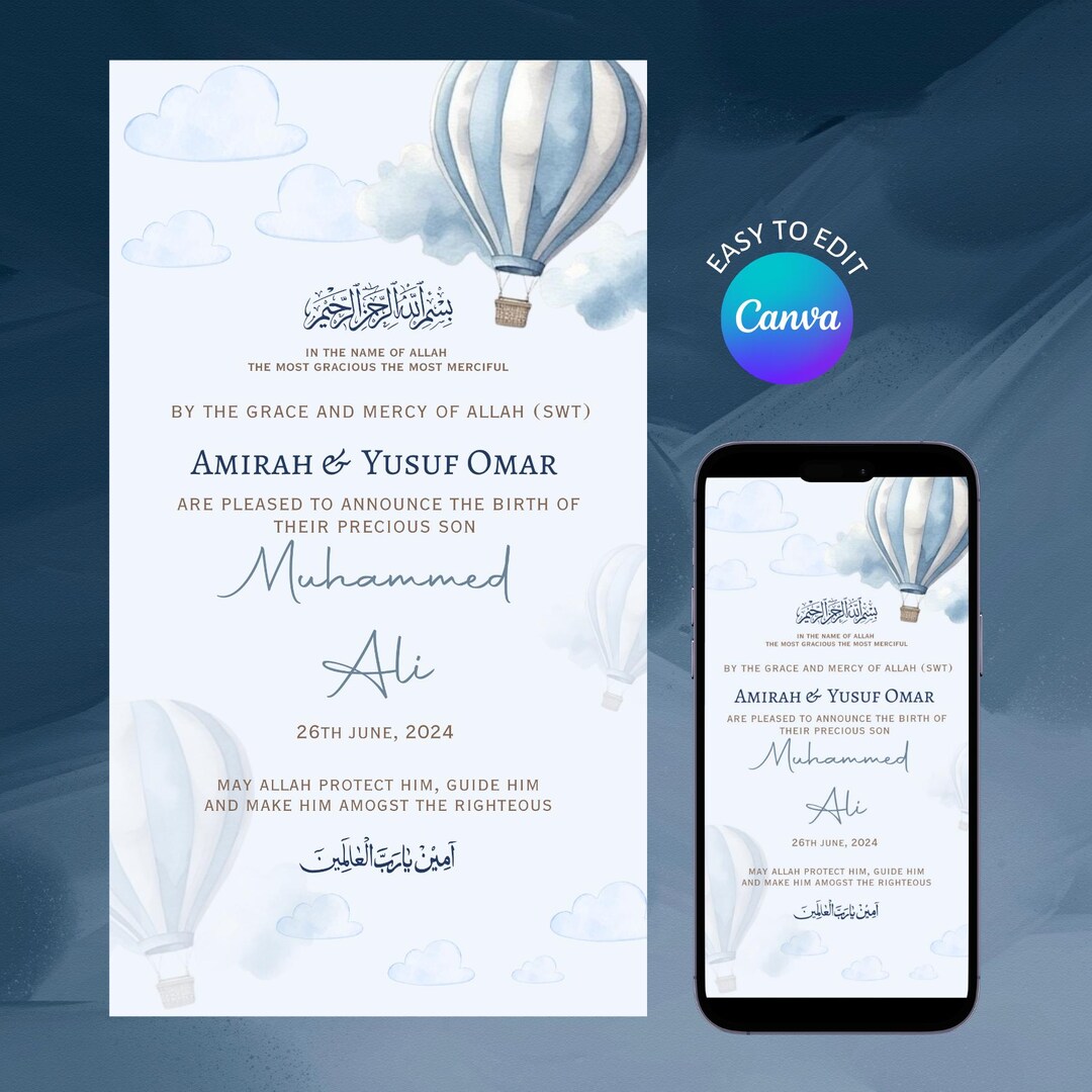 Islamic Birth Announcement for A Baby Boy Hot Air Balloon Theme , Canva ...