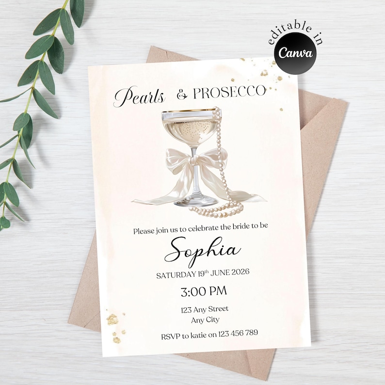 Editable Bridal Shower Invitation, Pearl and Prosecco Theme Invite ...