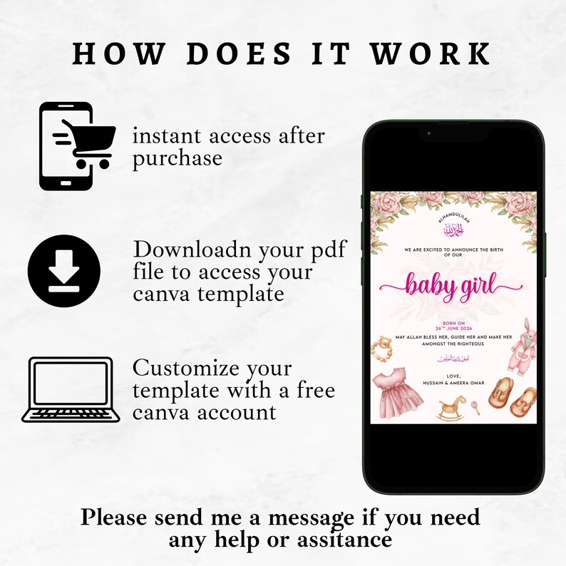 Islamic Baby Girl Birth Announcement | Canva Template | Instant ...