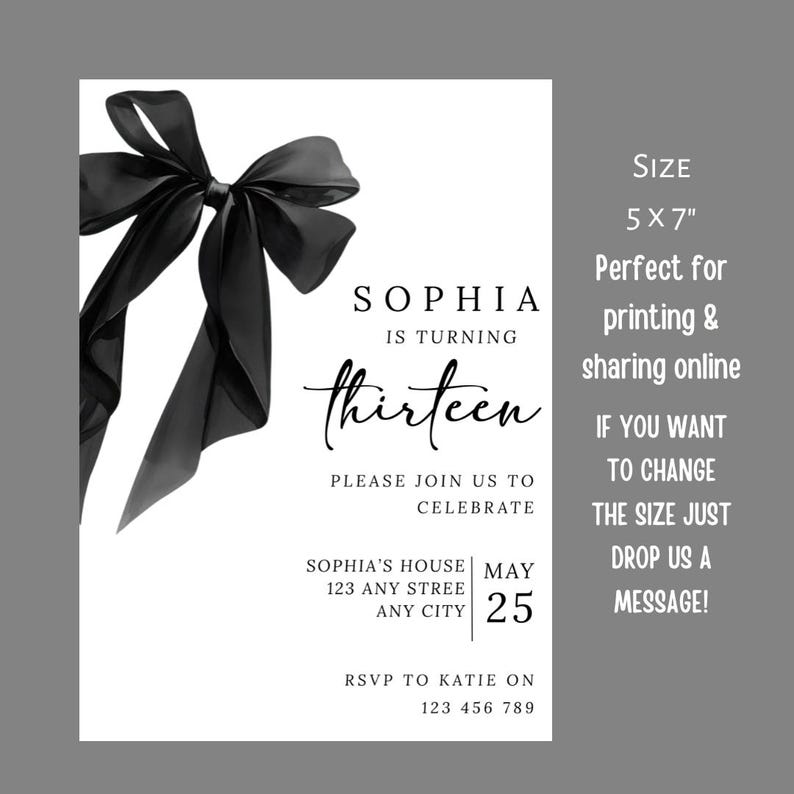 13th Birthday Invitation | Black Bow Theme Birthday Invite | Editable ...