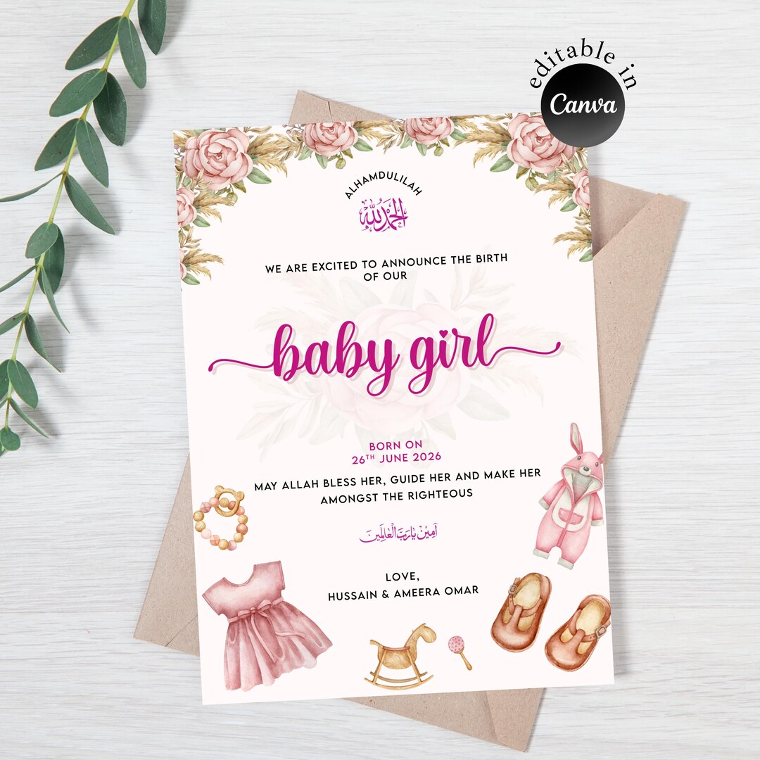 Islamic Baby Girl Birth Announcement | Canva Template | Instant ...