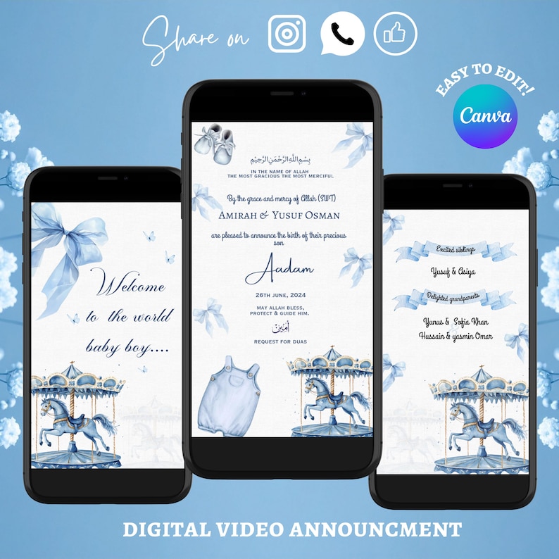 Islamic Animated Baby Boy Birth Announcement | Canva Template | Instant ...