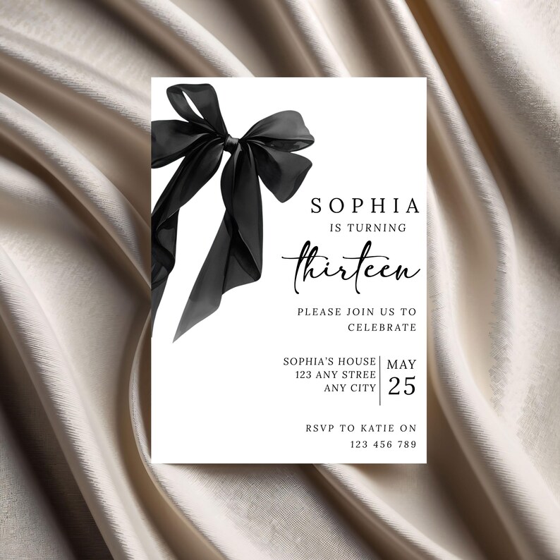 13th Birthday Invitation | Black Bow Theme Birthday Invite | Editable ...
