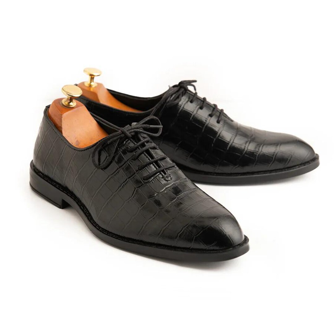 Handmade Men’s Black Croc Embossed Leather Oxford Shoes | Lace-up ...