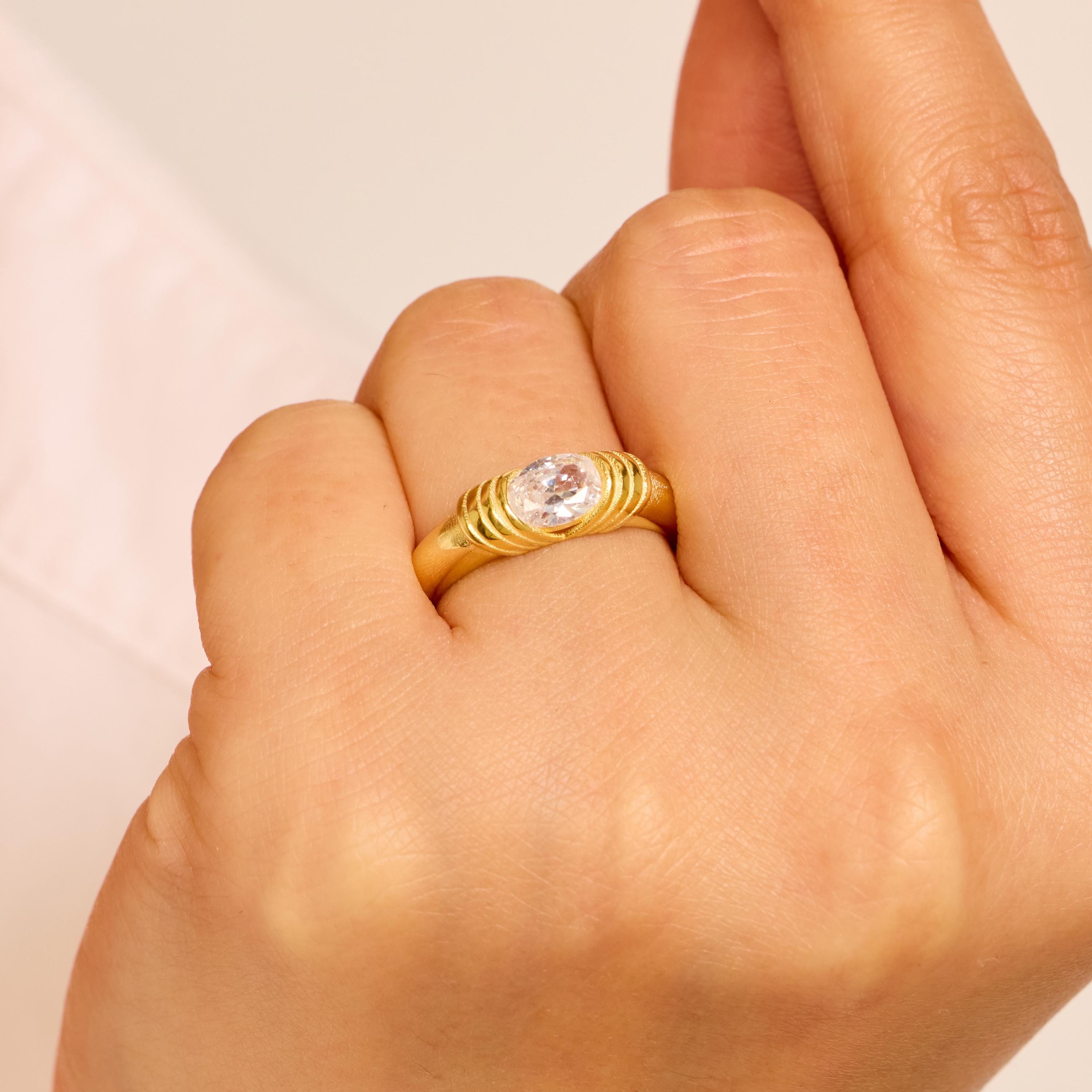 Solid Gold Diamond Dome Signet Ring – April Birthstone Minimal Bezel in ...
