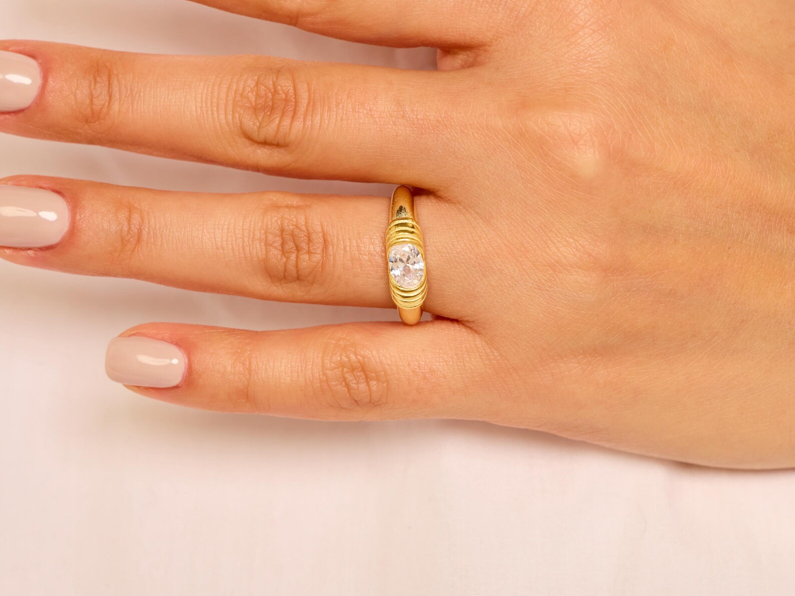 Solid Gold Diamond Dome Signet Ring – April Birthstone Minimal Bezel in ...