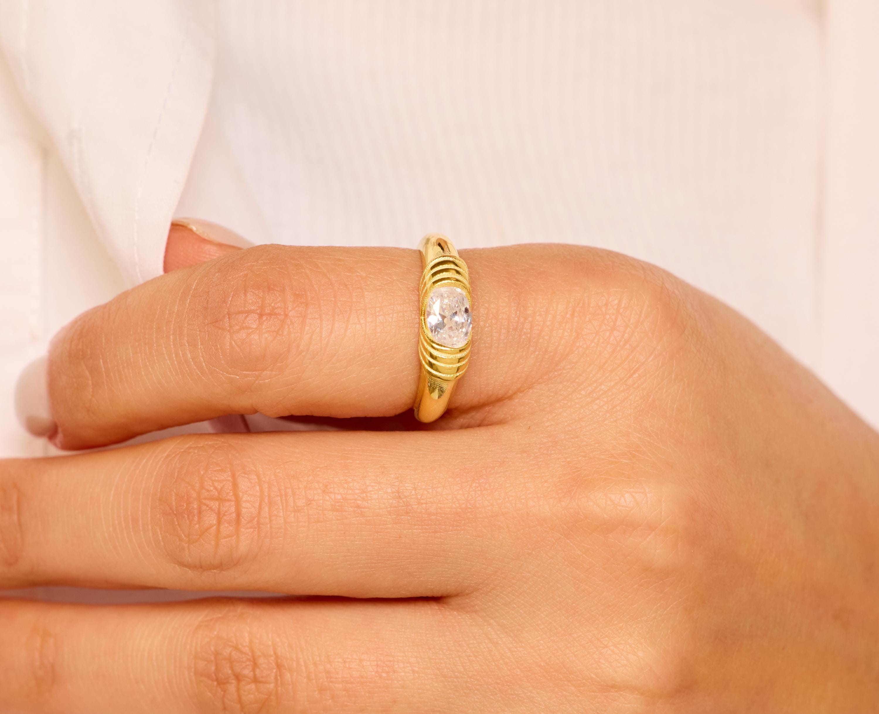 Solid Gold Diamond Dome Signet Ring – April Birthstone Minimal Bezel in ...