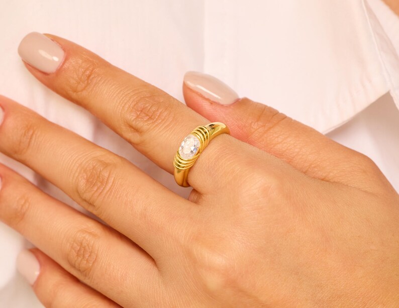 Solid Gold Diamond Dome Signet Ring – April Birthstone Minimal Bezel in ...