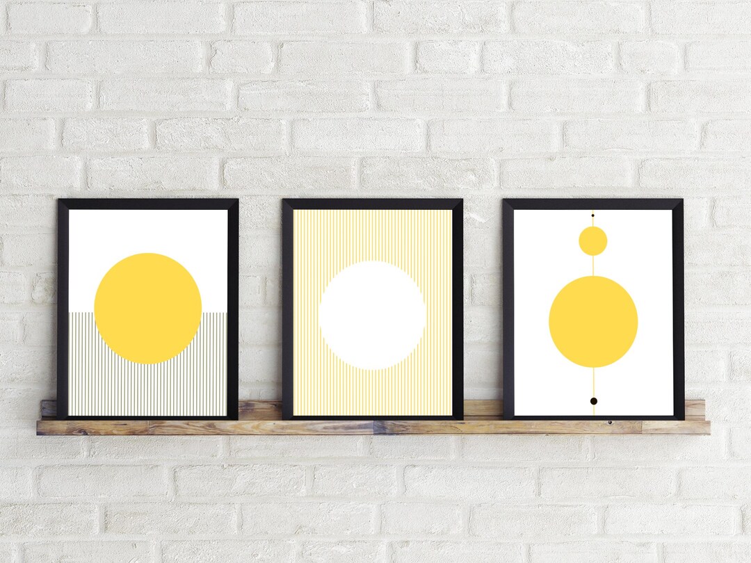 Set of 3 Bauhaus Inspired Yellow Posters With Geometric Circles and ...