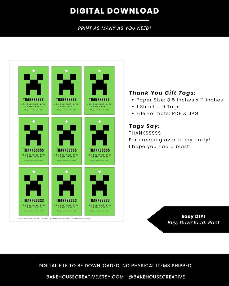Minecrafter Pixel Craft Creeper Birthday Favor Thank You Gift Tags for ...