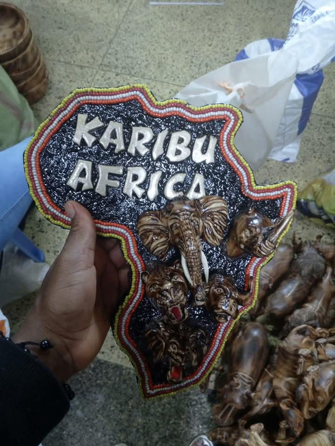Hand-carved Wooden Karibu Africa Sign – Elephant & African Map Wall ...